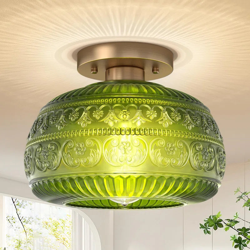 Vintage Green Flush Mount Ceiling Light – Engraved Glass Fixture